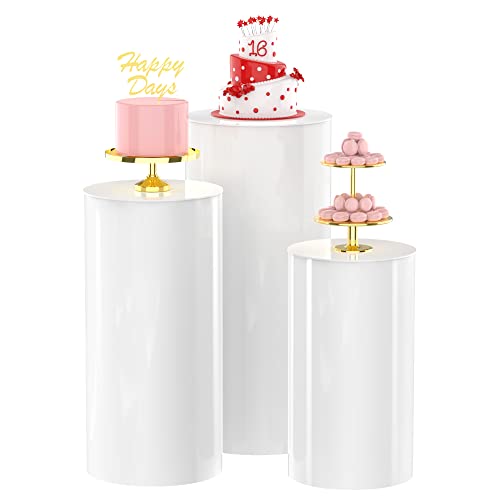 Wokceer 3Pcs Round Cylinder Pedestal Stands for Party, Large Cylinder Tables for Parties Pedestal Display Plinth Pillars Dessert Table for Wedding Party Art Decor 15.7*35.4"(L),14.2*29.5"(M),13*23.6"(S)