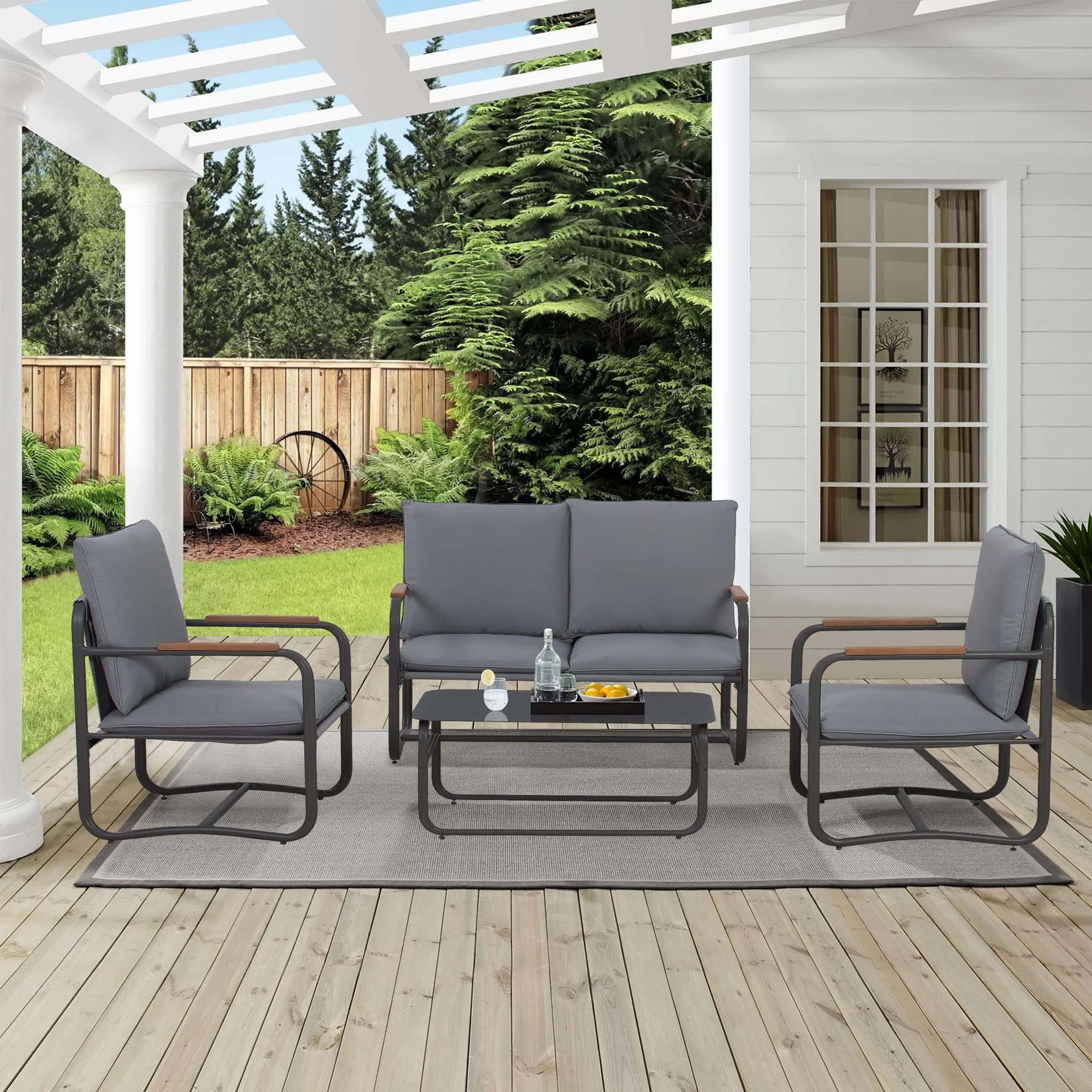 Green4ever 4 Piece Outdoor Furniture Metal Patio Conversation Sets, Dark Gray