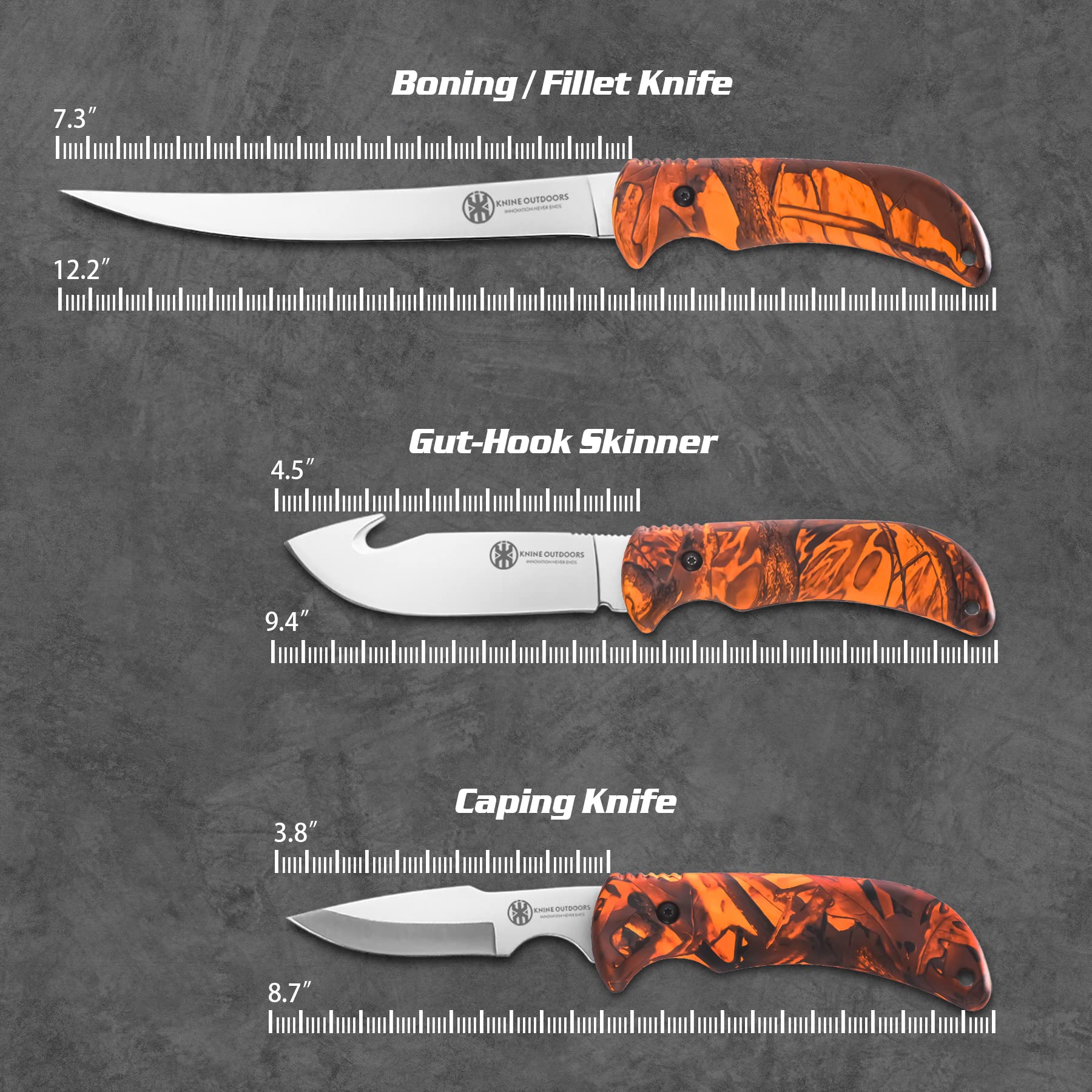 KNINE OUTDOORS Hunting Field Dressing Kit Deer Processing Knife Set Red Maple Camo Handle Portable Game Processor Set with Nylon Belt Sheath, 8 Pieces