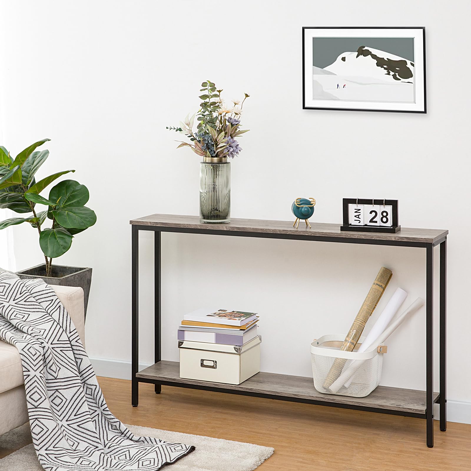 HOOBRO Console Table, Narrow Long Entryway Table, 2-Tier Sofa Table with Open Storage Space, Modern Industrial Hallway Table, for Living Room, Corridor, Foyer, Entrance, White and Gold DW20XG01G1