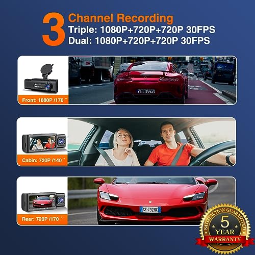 SPADE 3 Channel Dash Cam Front and Rear Inside, 1080P Full HD Dash Camera for Cars, Free 32GB SD Card, 170° Wide Angle, 3.16”IPS Screen, Night Vision, WDR, 24H Parking Mode