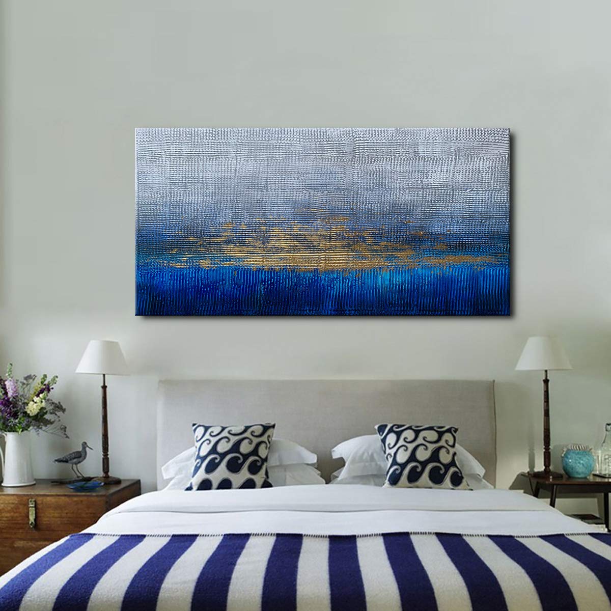 Handmade Textured Abstract Wall Art Blue Modern Oil Paintings on Canvas for Living Room Home Decoration