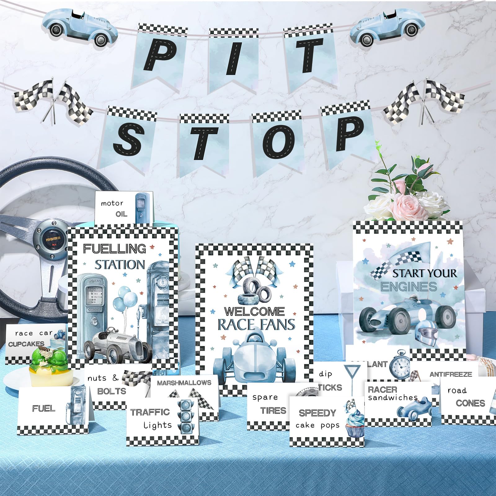 Sonwyoung 19 Pcs Race Car Birthday Party Decorations Boys Two Fast Vintage Birthday Party Decor 2 Fast Dusty Blue Black Wheel Checkered Party Supplies for Baby Shower Race Car Fast One Party