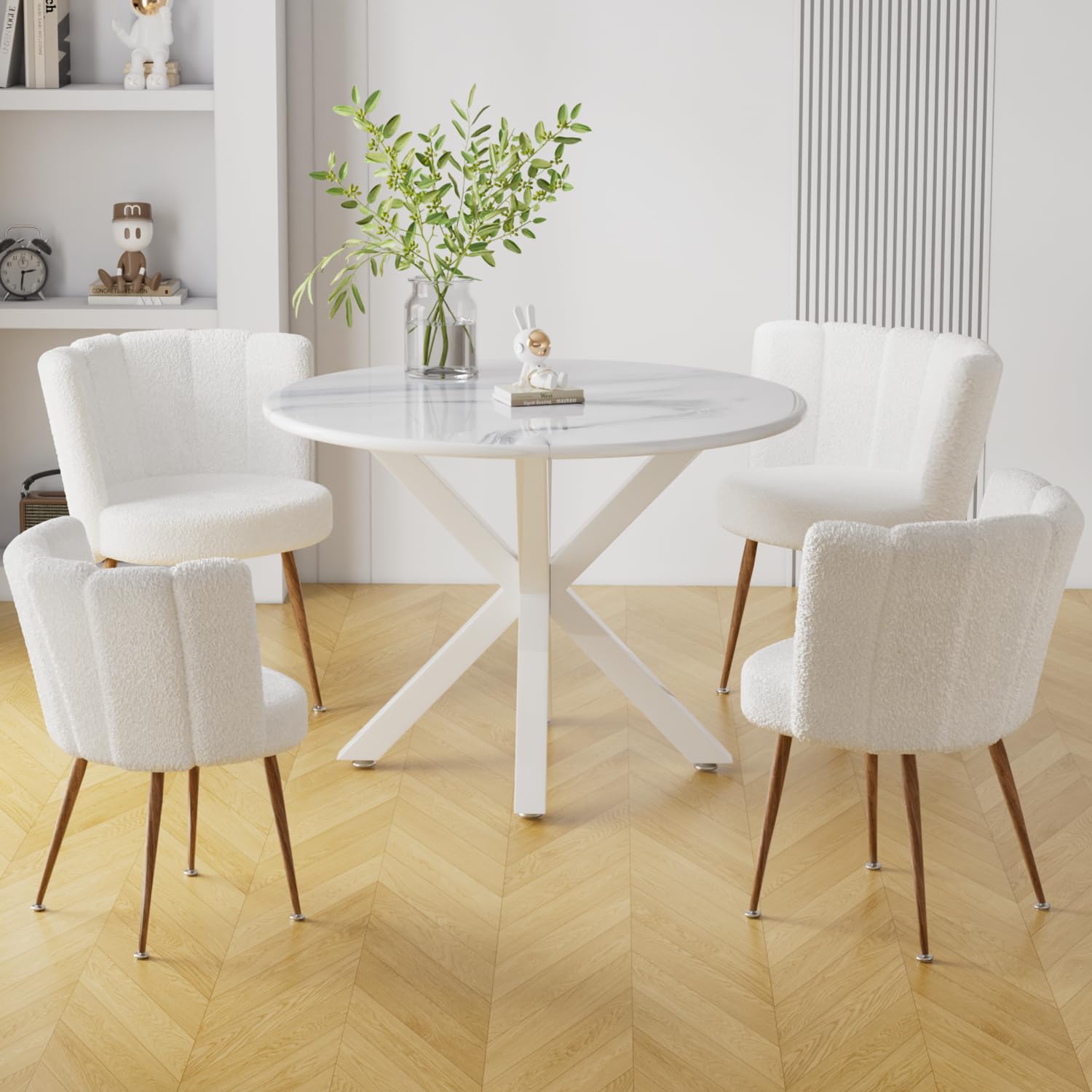 HAIZAO Modern White Boucle Dining Chairs Set of 4, Curved Backrest Upholstered Kitchen Dining Room Chairs, Mid-Century Dining Chair with Metal Legs
