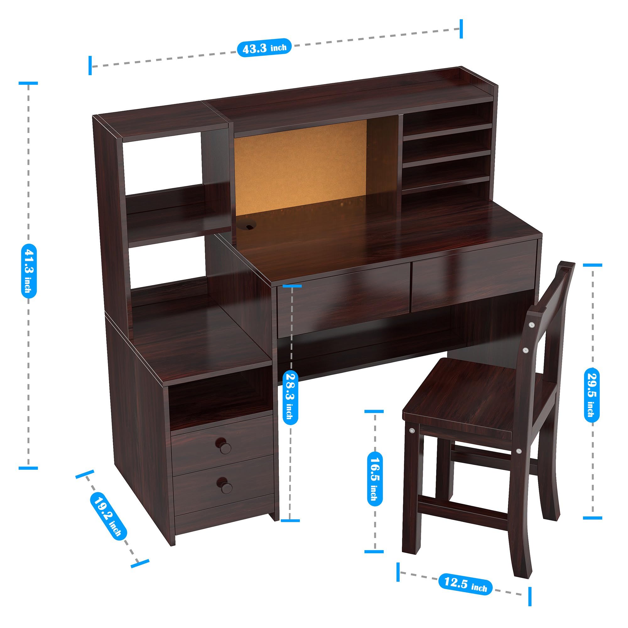 RUPOLX Childrens Computer Desk with 4 Drawers, Espresso Kids Desk and Chair Set for 5-12 Year Old,Kids Study Table with Storage Shelf-P8Phus