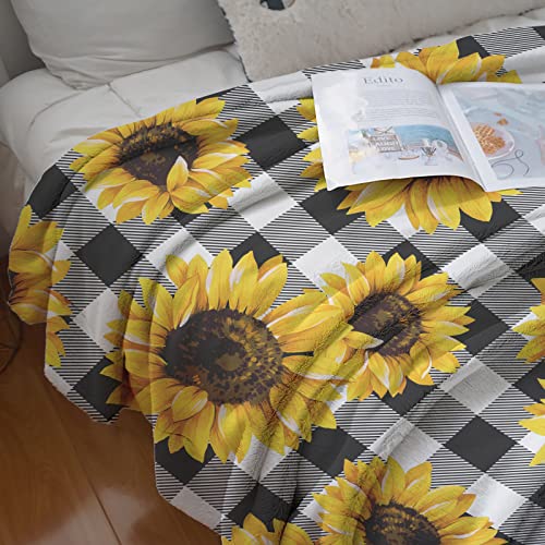 Reunbmq Super Soft Flannel Fleece Throw Blanket, Lightweight Sherpa Blankets Comfortable Bed Throws 3D Printed Blanket for Couch/Chair/Sofa/Bed/Dorm/Bedroom/Home (Sunflower Buffalo Plaid)