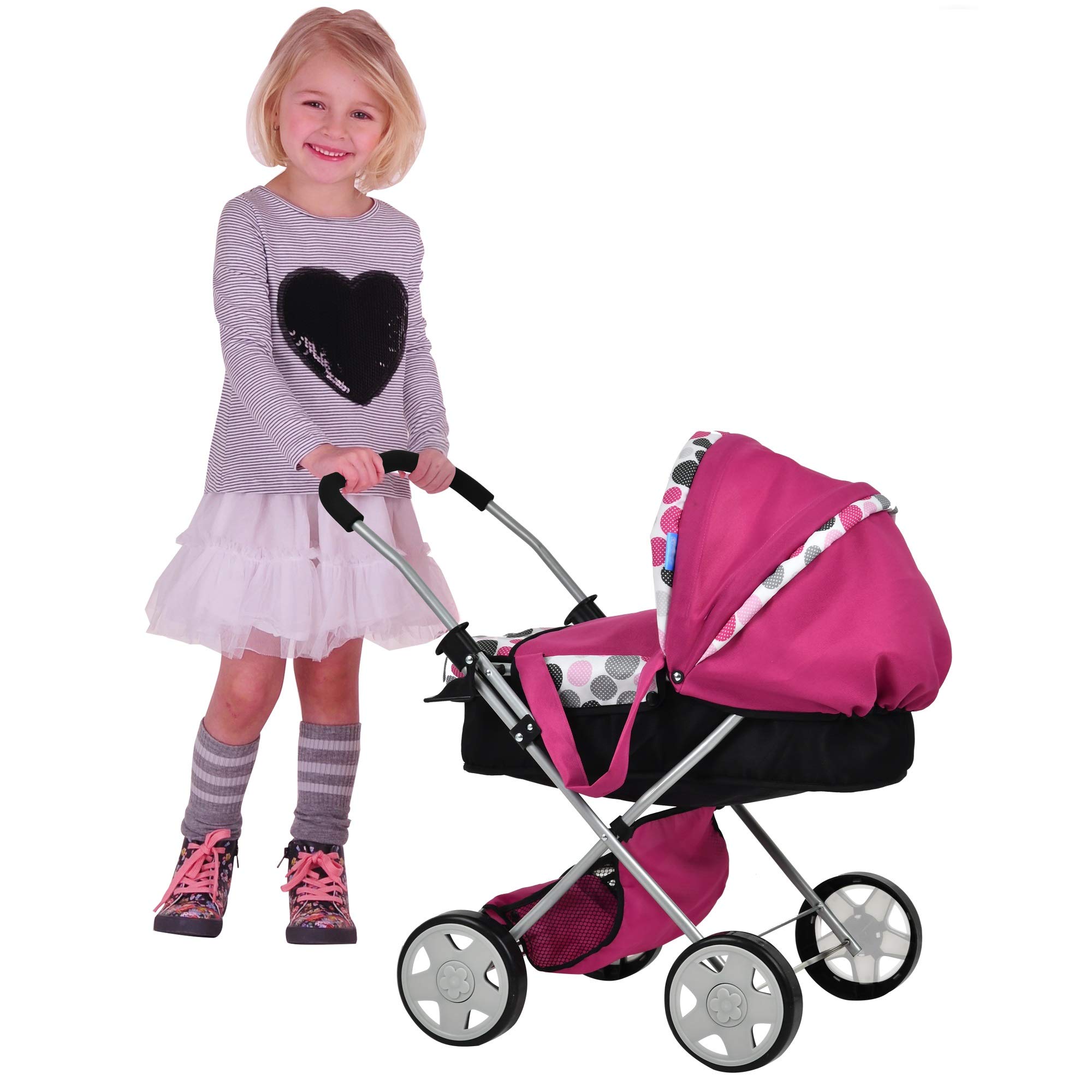 Hauck Pink Dot Doll Pram with Retractable Large Canopy, Shopping Basket & Removable Carry Cot, converts to a Bed