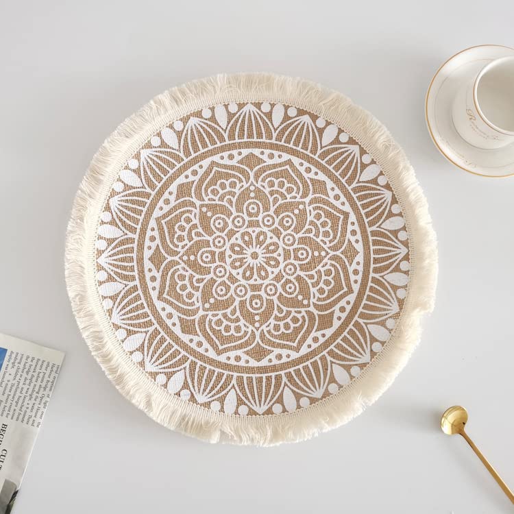 GorinsKani 2 Pieces of Cotton Thread Embroidery Table mat Jute Table mat Decoration mat Round Tassel Side Table mat Heat Insulation mat Anti-Slip Kitchen mat Home Decoration (Tassel Style A)