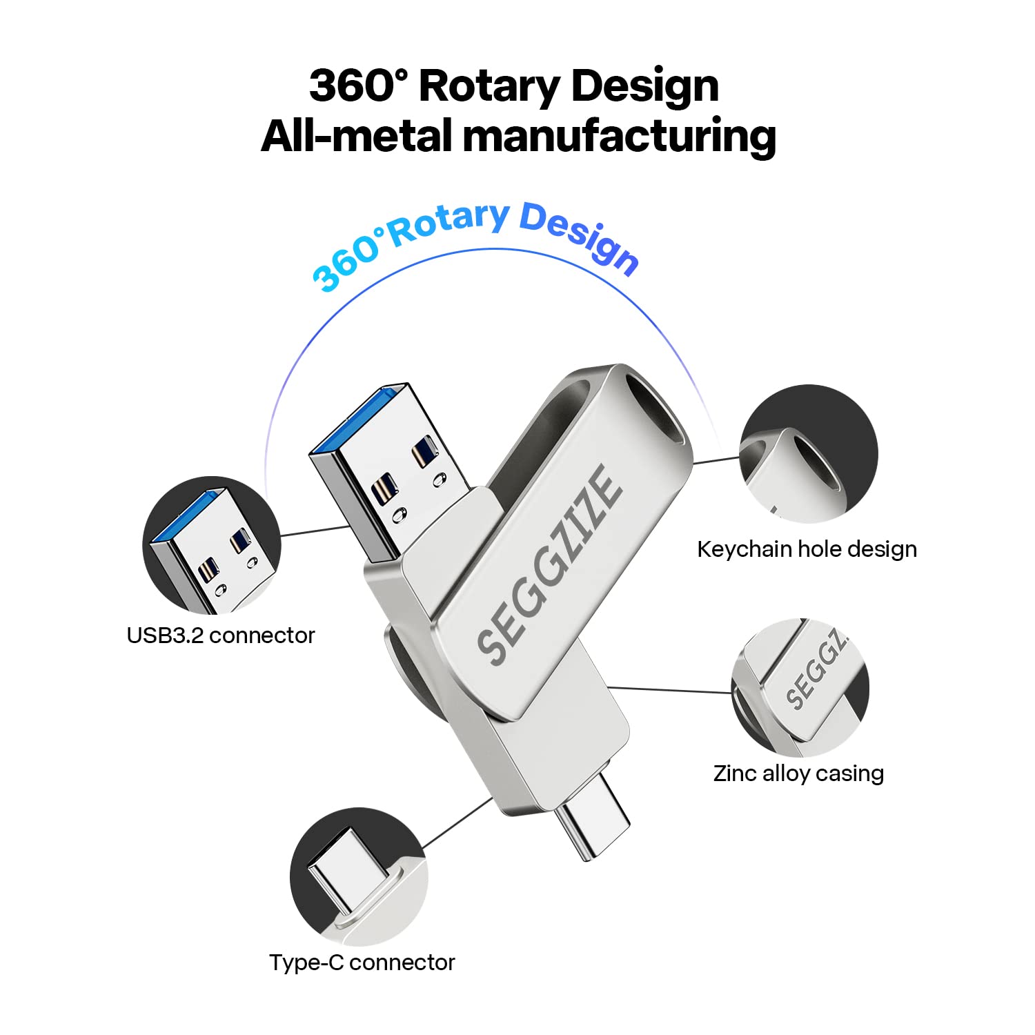 SEGGZIZE 128GB USB C Flash Drive, Silver Metal USB C Drive 2 in 1 USB C Thumb Drive for Android Phones PC Computer Car Audio System Smart TV etc.