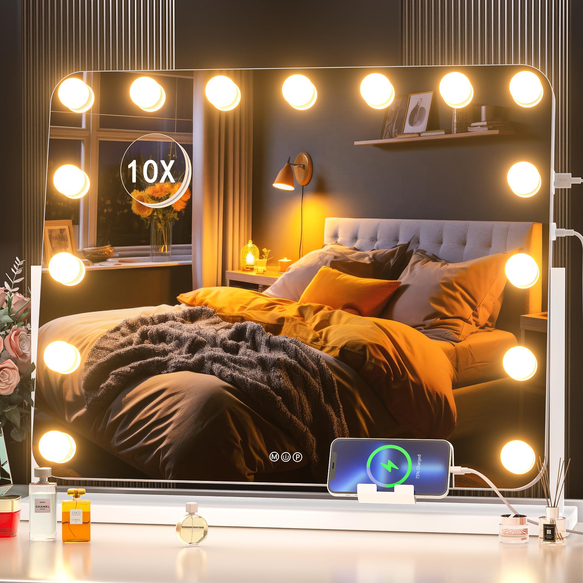 Hasipu Vanity Mirror with Lights, 22" x 18" Hollywood Lighted Makeup Mirror with 15 Dimmable Bulbs, 10X Magnification and USB Charging Port, Smart Touch 3 Colors Dimmable, 360° Rotation (Round)
