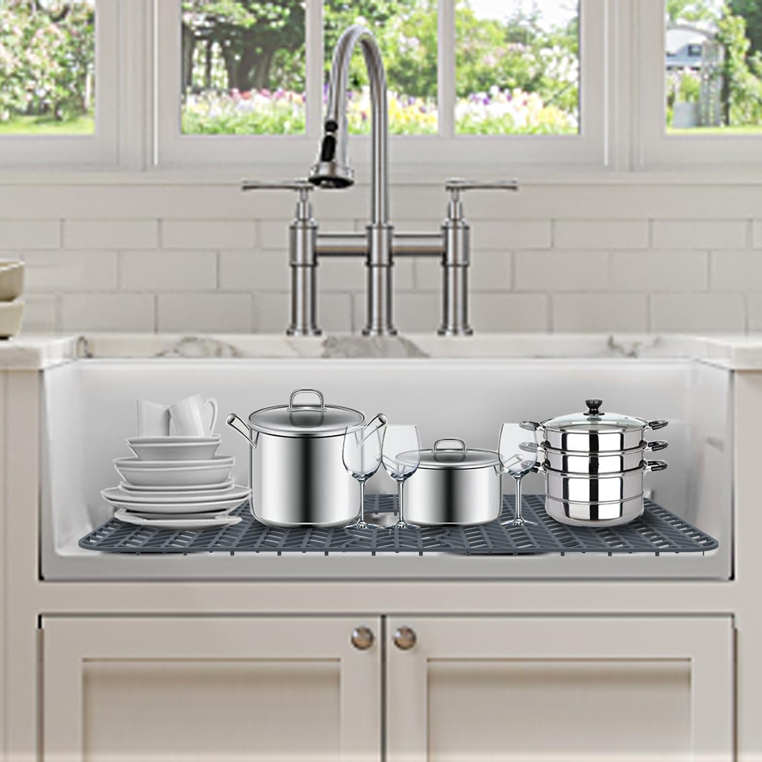 GUUKIN Sink Protectors for Kitchen Sink - 29"x 15.35" Silicone Kitchen Sink Mat Grid for Bottom of Farmhouse Stainless Steel Porcelain Sink with 3 Reserved Holes(Grey)