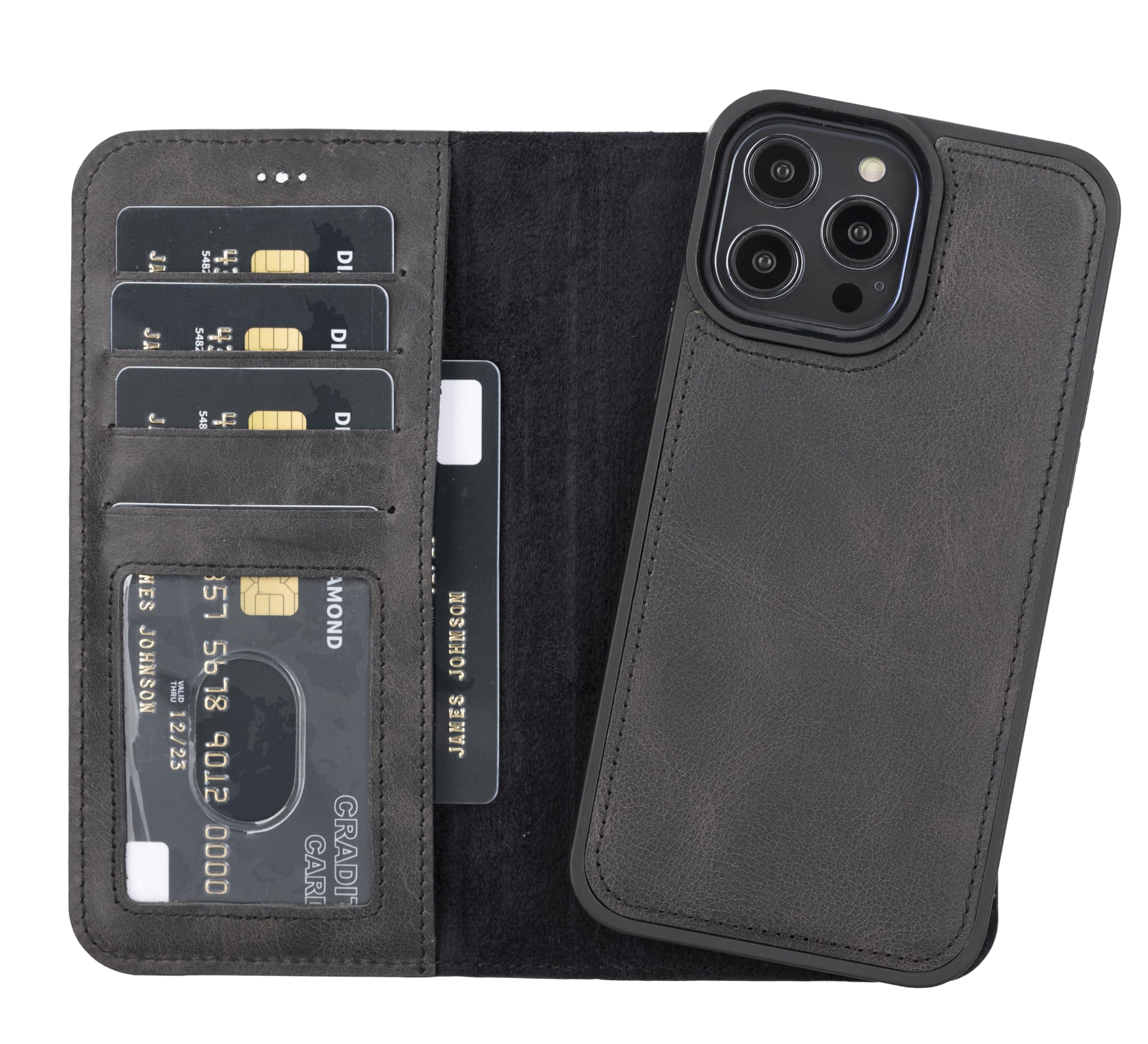 HARDISTON Genuine Leather Handmade Wallet Case Compatible with iPhone 14 Pro Max - MagSafe Compatible - Detachable Magnetic Flip Cover with Card Holders - Horizontal Kickstand (Amber)