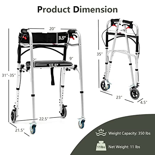 Goplus Walkers for Seniors, 4-in-1 Folding Walker with 5ββ Wheels, Detachable Seat, Height Adjustable Stand Up Walker, Medical Walking Mobility Aid, 350lbs Rolling Walker for Adult Bariatric Handicap