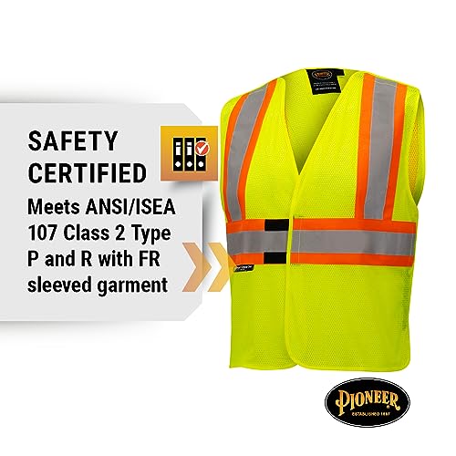 Pioneer High Vis Flame Resistant Vest β For Men and Women - 3 Snap Button Front - Mesh - Reflective Tape - Yellow/Green