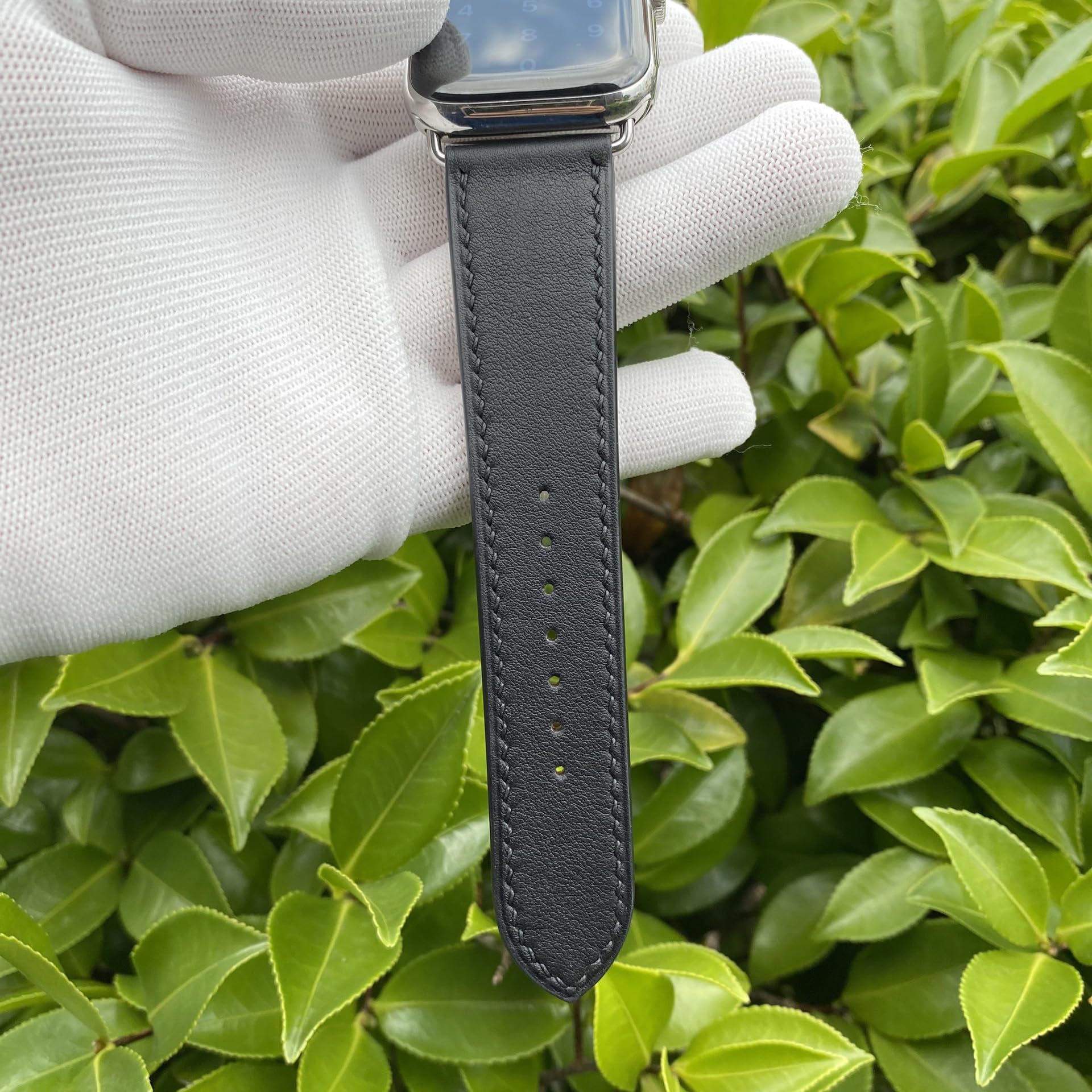 H2N Handmade Full Grain Leather Bands compatible with Apple Watch band 49mm / 45mm / 44mm / 42mm / 41mm / 40mm / 38 mm (38/40/41mm, Black/Navy blue)
