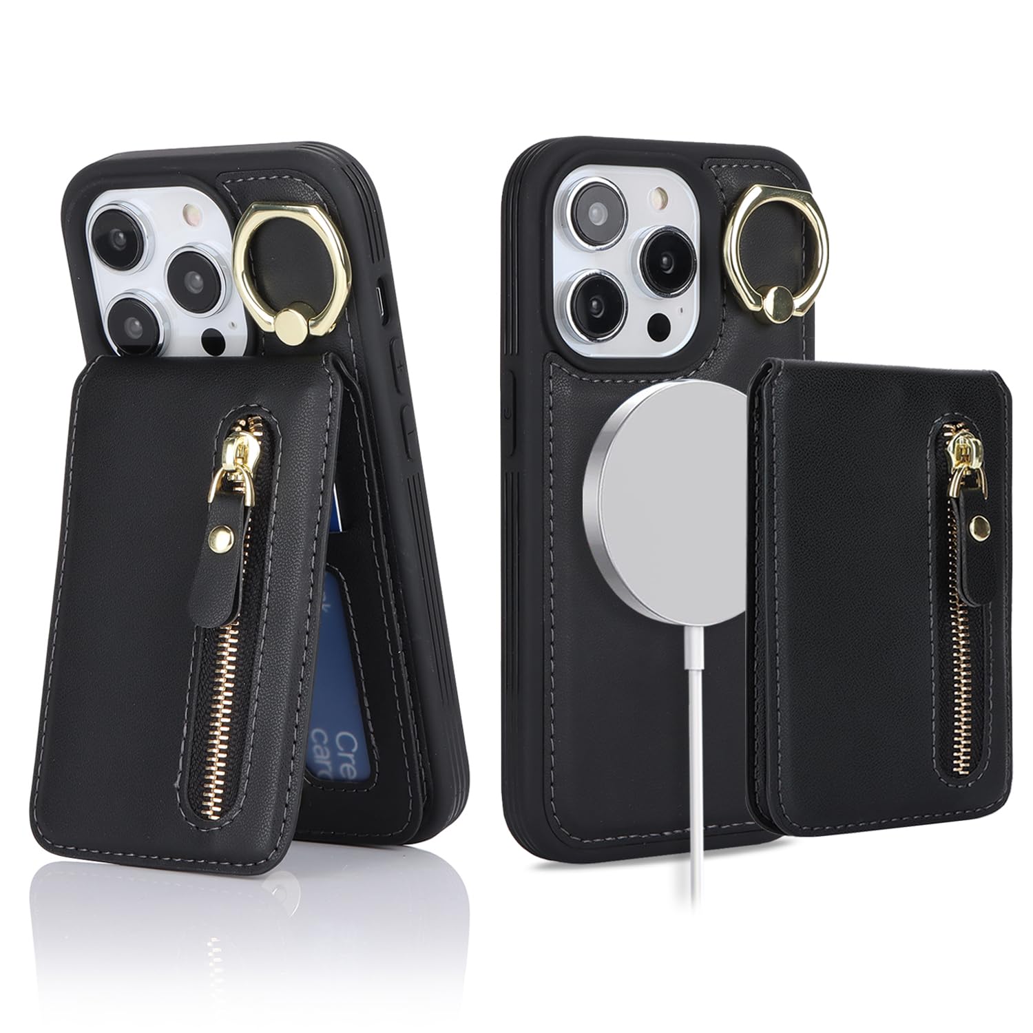 Havaya for iPhone 13 pro max case with Card Holder iphone 12 pro max phone case magsafe compatible for women leather zipper phone wallet detachable 2-in-1 magnetic for men-Black