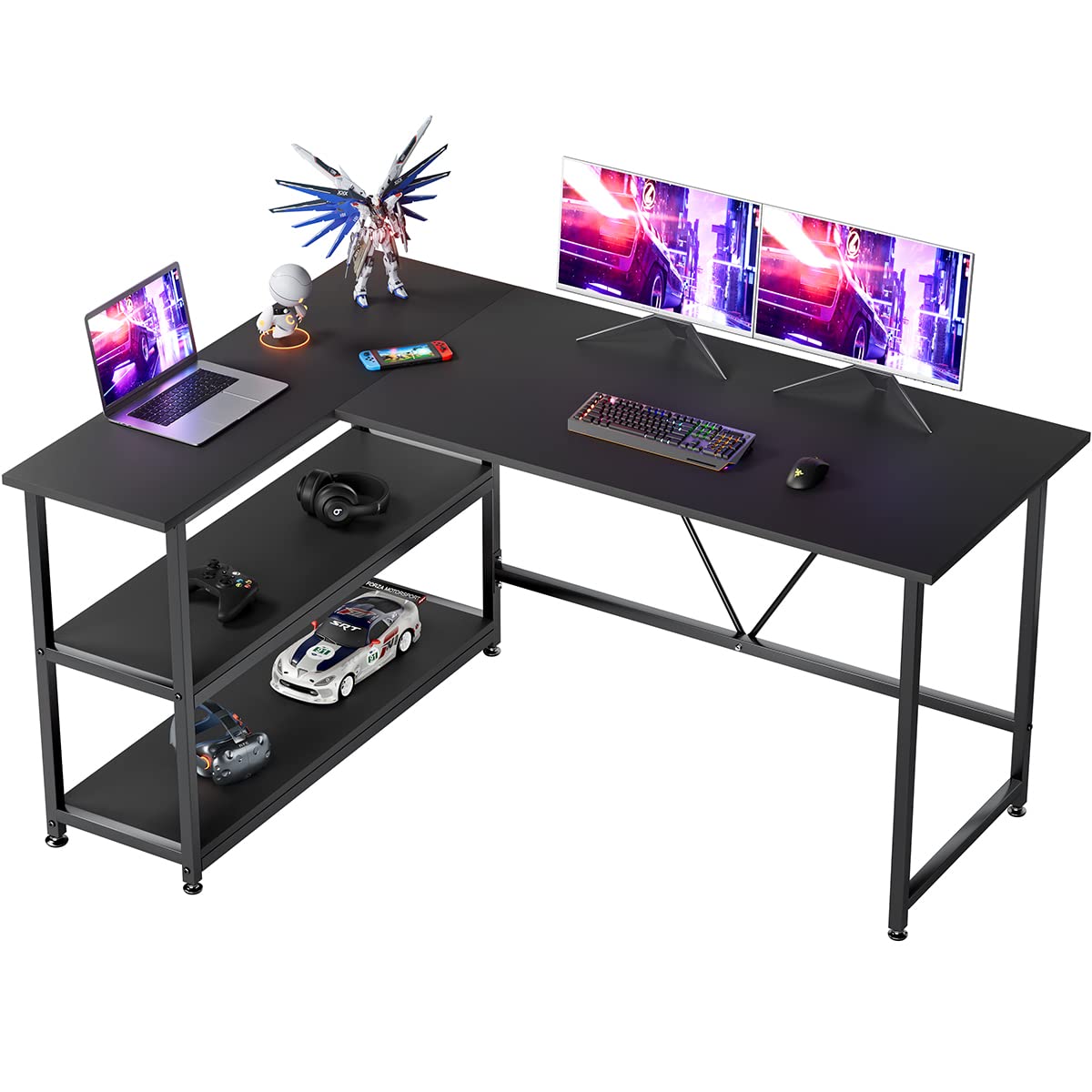 GreenForest Large L Shaped Gaming Desk 55x39.4 inch Reversible Corner Computer Desk with Storage Shelves for Home Office PC Workstation Laptop Table, Black