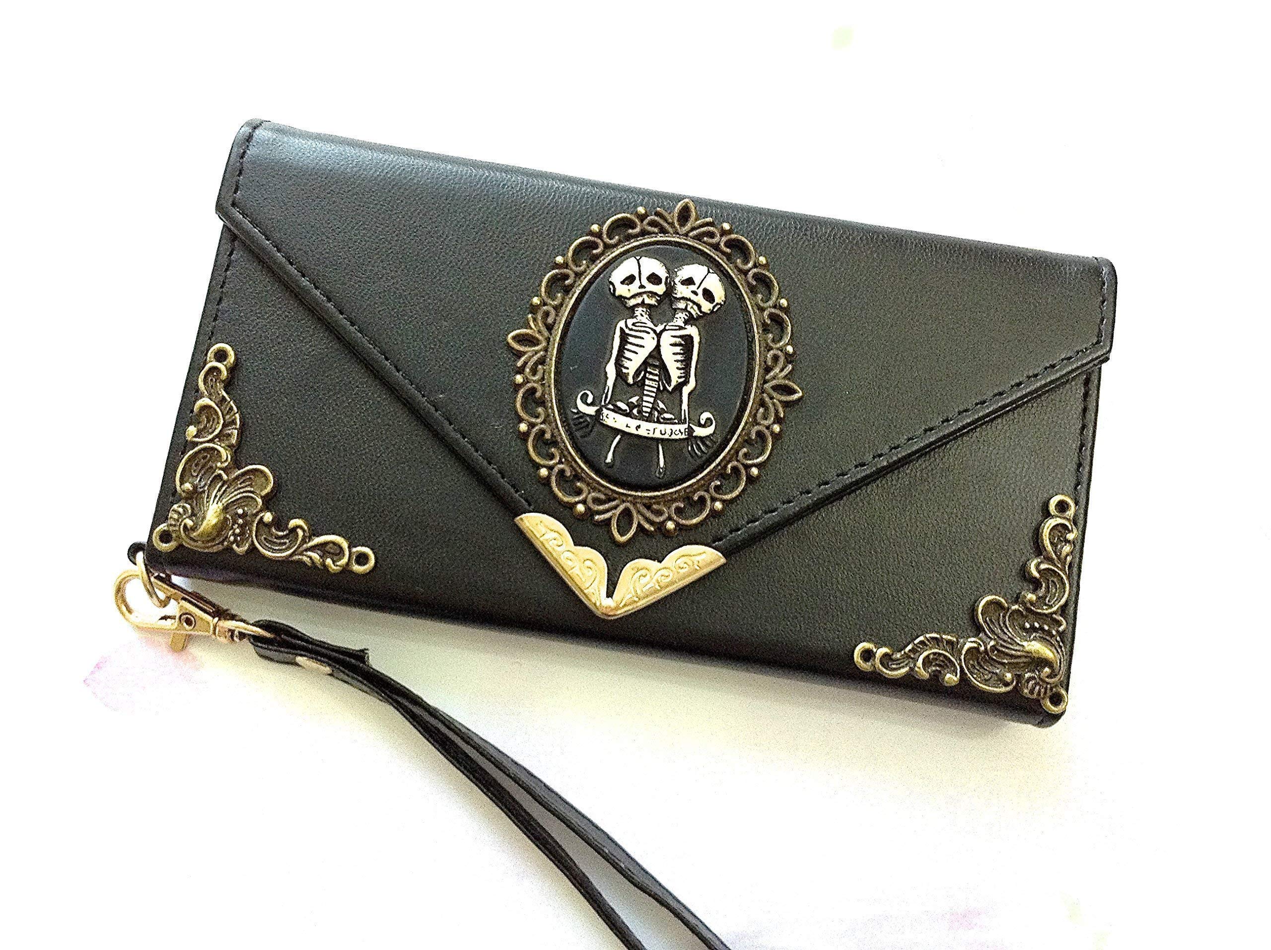 Gothic Twin Skull phone leather wallet case for iPhone X XS XR 11 12 13 14 Pro Max Samsung S23 S22 S21 S20 Ultra Note 20 10 Plus Mn0096