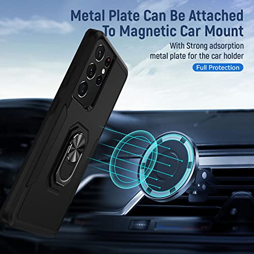 YmhxcY Samsung S21 Ultra Case with 2 Pack 3D Curved Screen Protector, [Military-Grade] 360°Finger Ring Holder Shockproof Protective Case -Black