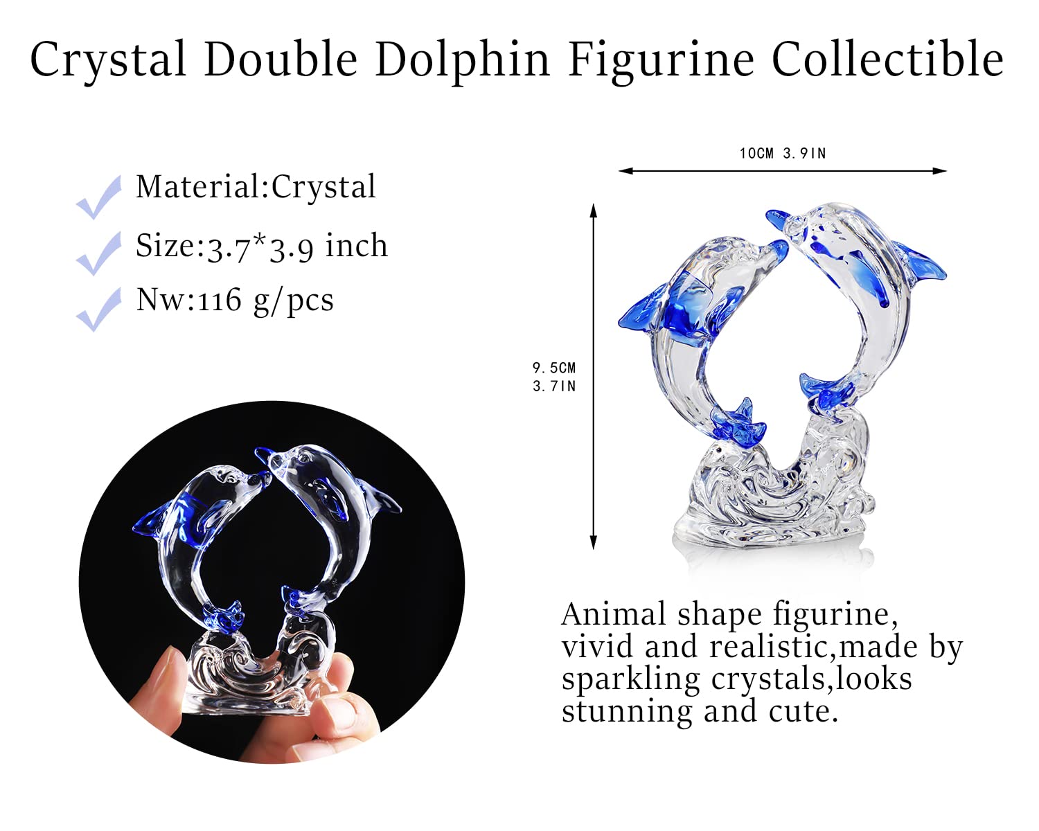 H&D HYALINE & DORA Double Crystal Glass Dolphins Figurines Collectibles, Sea Animal Sculpture Statue, Home Desk Decoration Ornaments