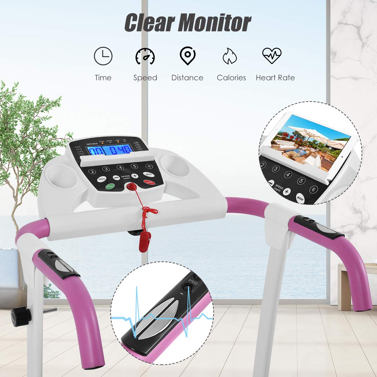Goplus 800W Folding Treadmill Electric Motorized Power Fitness Running Machine with LED Display and Mobile Phone Holder Perfect for Home Use (Pink)