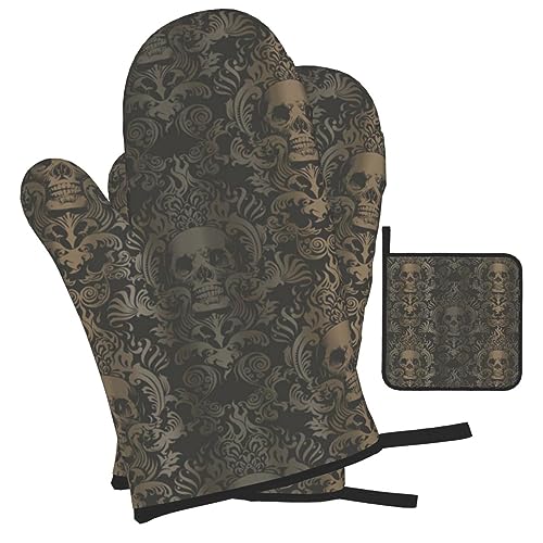 Gothic Wallpaper Skull Printed Oven Mitt and Pot Holders Set of 3 Non-Slip Cooking Gloves Heat Resistant Hot Pads for Kitchen BBQ Baking