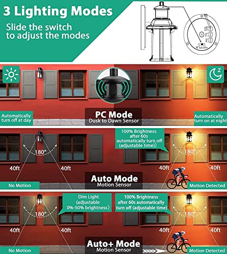 Motion Sensor Outdoor Lights, 3 Lighting Modes Porch Lights Fixture for House, Dusk to Dawn Exterior Wall Lights, Waterproof Aluminum Anti-Rust Lantern for Entryway, Bulb Not Included