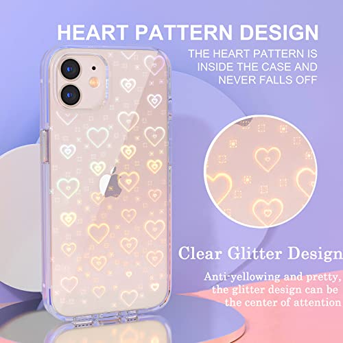 Tksafy Case for iPhone 12, iPhone 12 Pro Case, Clear Glitter Cute Laser Holographic Love Heart Pattern for Women Girls, Anti-Scratch Hard PC Protective Phone Cover for iPhone 12/12 Pro, Rainbow Heart
