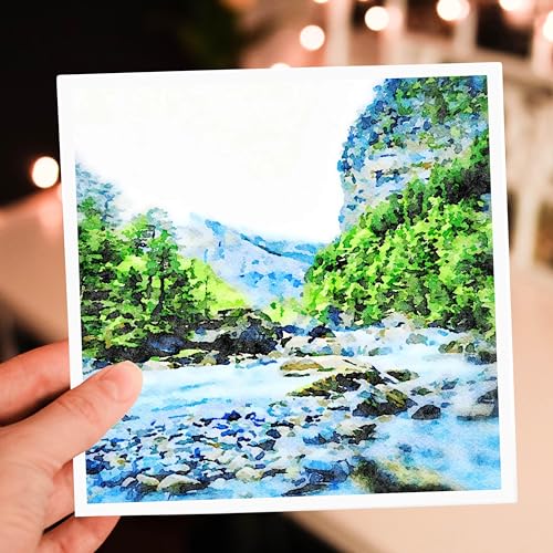 Greeting Card - Rocky River With Pine Trees Image Of Watercolor Painting - Fine Art