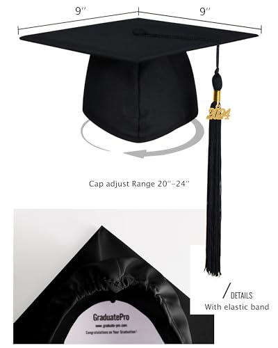 GraduatePro Matte Graduation Cap with 2024 Tassel for Adults High School and Bachelor Master Black