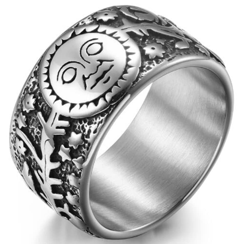 Jude Jewelers 12mm Retro Vintage Stainless Steel Sun Moon Star Wedding Statement Cocktail Party Biker Ring (Silver, 13)