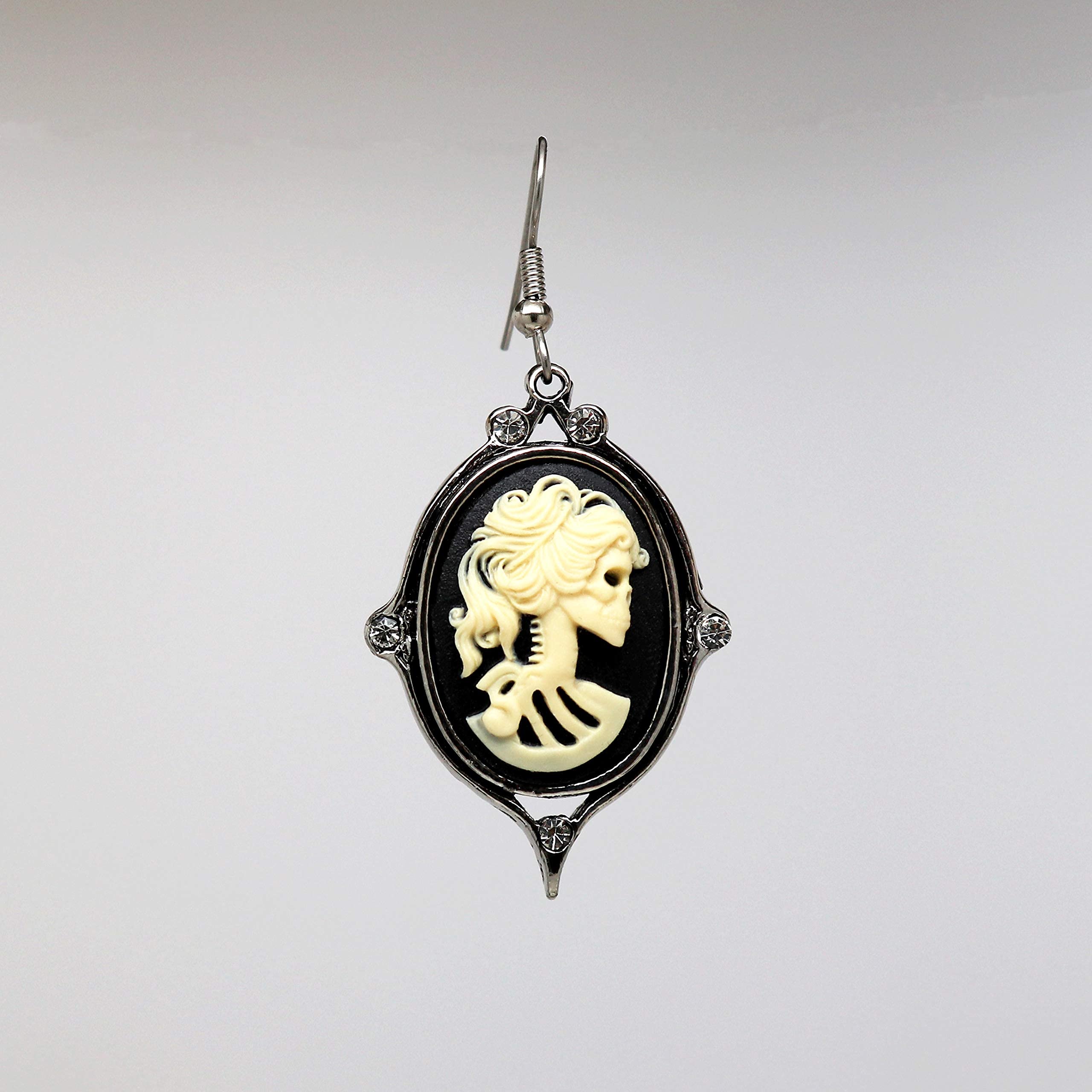 Gothic Lolita Skull Cameo Ivory on Black Dangle Earrings with Austrian Crystals