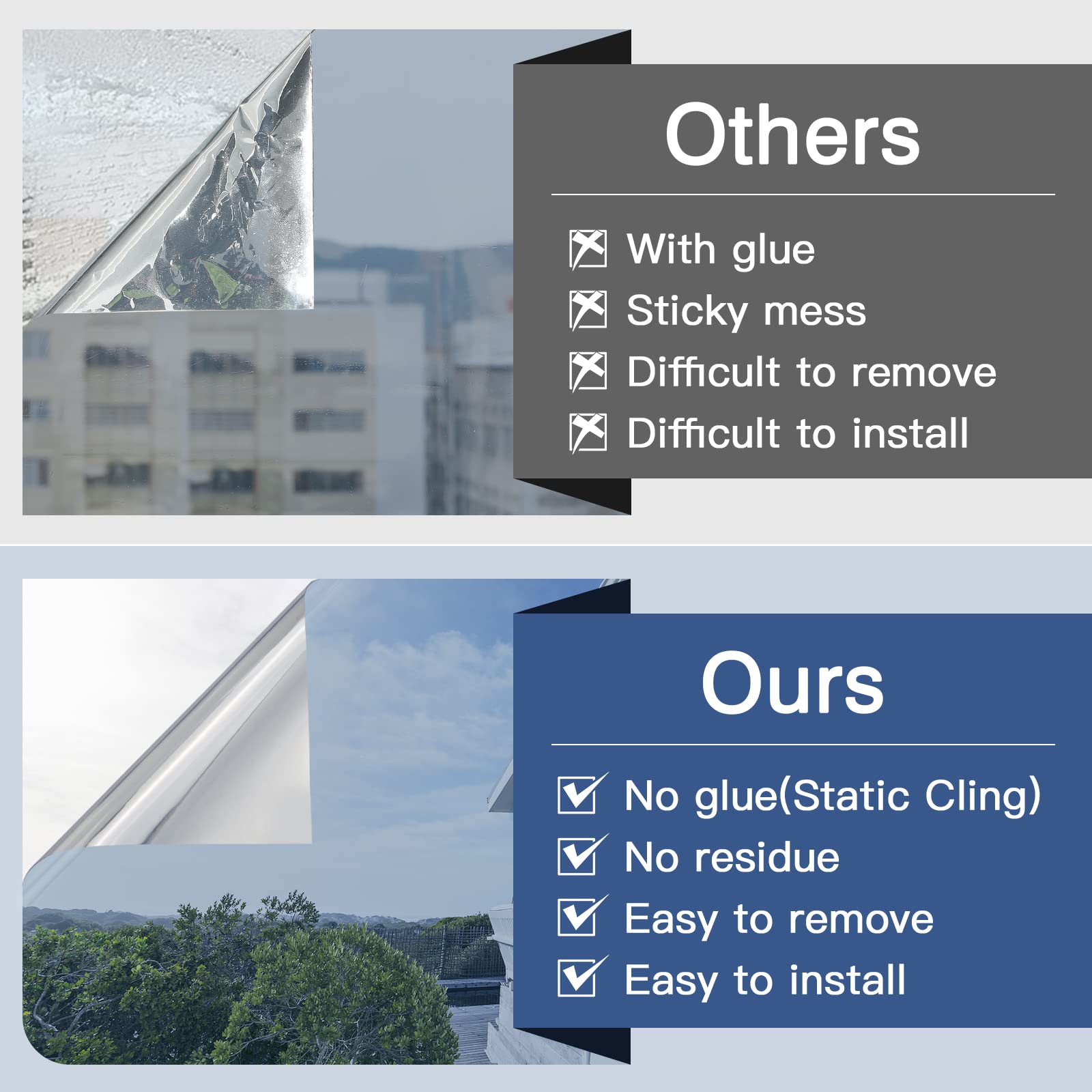 Haton Window Privacy Film One Way Window Tint for Home, Sun Blocking Anti UV Heat Control Reflective Mirror Vinyl, No Glue Static Cling Glass Door Window Covering, Silver, 17.5 x 78.7 Inches