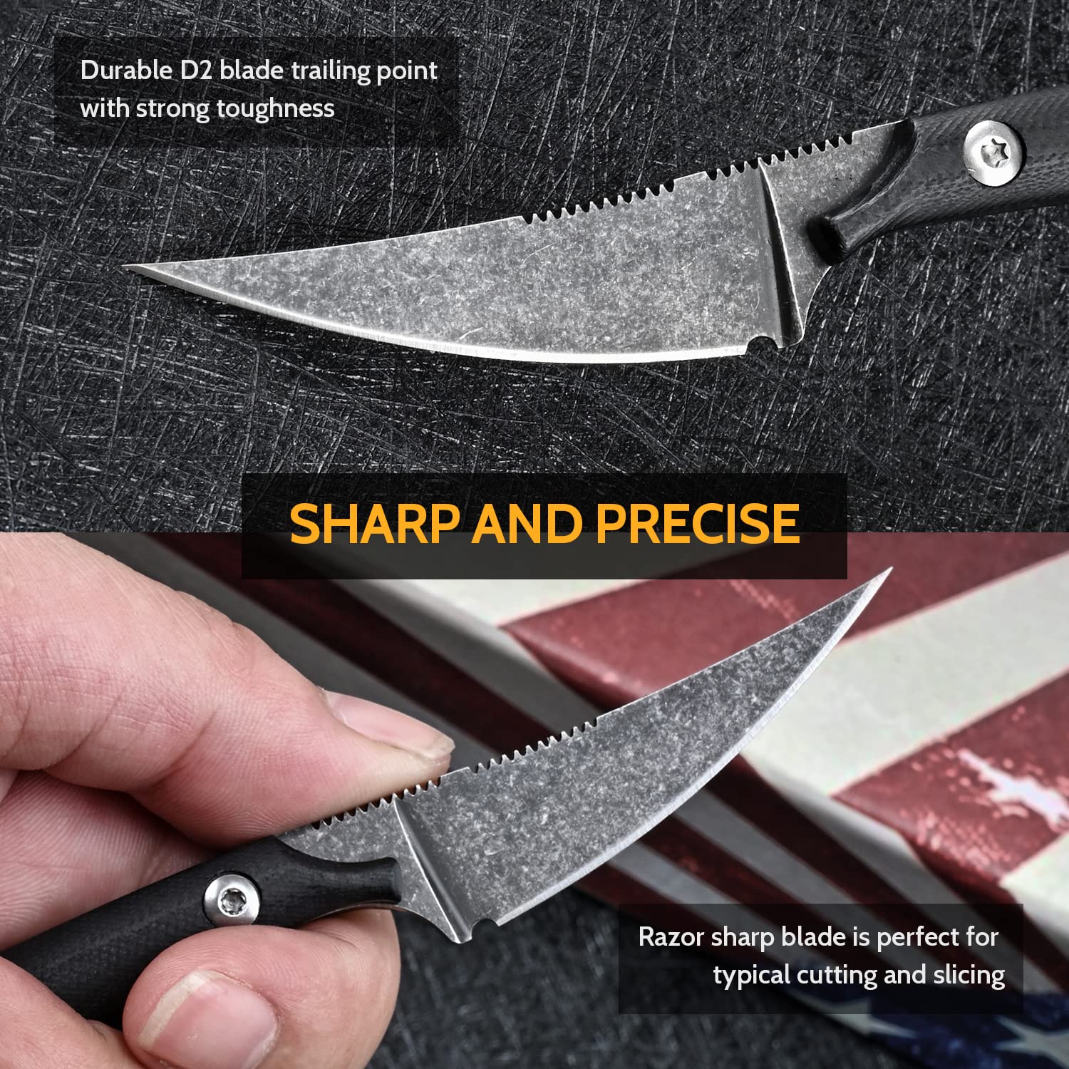 ITOKEY 6.34'' Tactical Knife, Cool Belt Knife, EDC Fixed Knife with Kydex sheath, D2 Blade, G10 Handle, Full Tang Knives for Men, Survival Knifes for Outdoor Camping Hunting