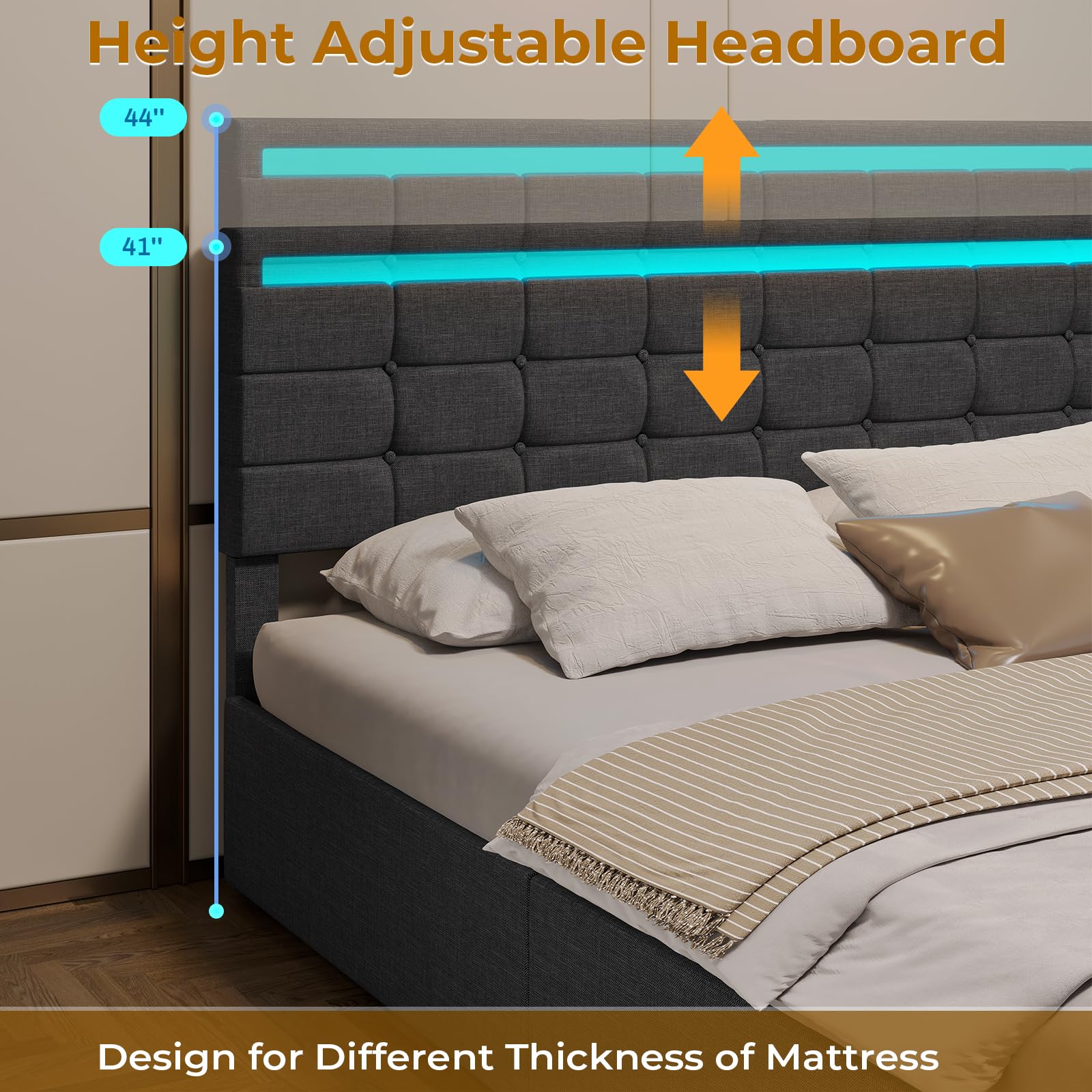 HAUOMS King Size LED Bed Frame and Headboard, Upholstered King Platform Bed Frame with Storage Drawers,2 USB Charging Station,Upgraded 2-Row Support Bars, No Box Spring Needed, Dark Grey