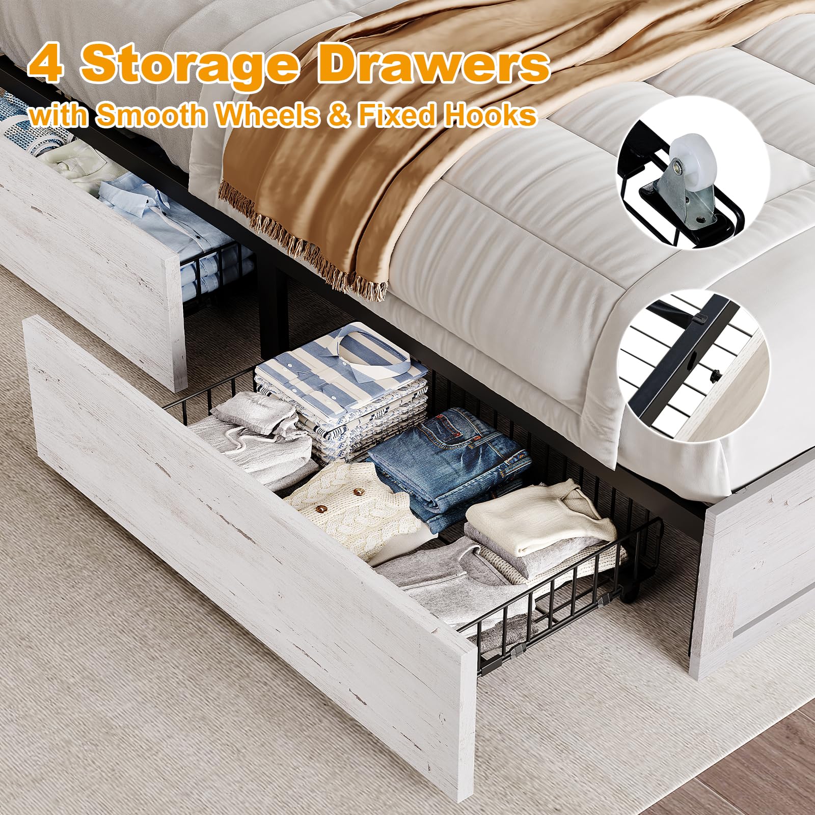 YUMPIE Full Bed Frame with Bookcase Headboard, Farmhouse Upholstered Platform Bed with 4 Storage Drawers, LED Bed with Charging Station, Wood Slats Support, No Box Spring Needed, Distressed White