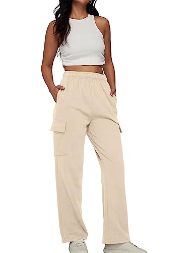 Womens Fleece Cargo Sweatpants Y2K Baggy Fleece Elastic Parachute Pants Fall Outfits Gym Lounge Trousers with Pockets Apricot