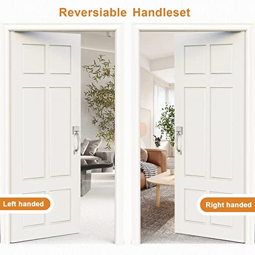 Tinewa Main Front Door Handle with Knob Inside, Low Profile Front Door Lock Handleset with Halifax Satin Nickel Finish, Reversible for Right and Left Handed,