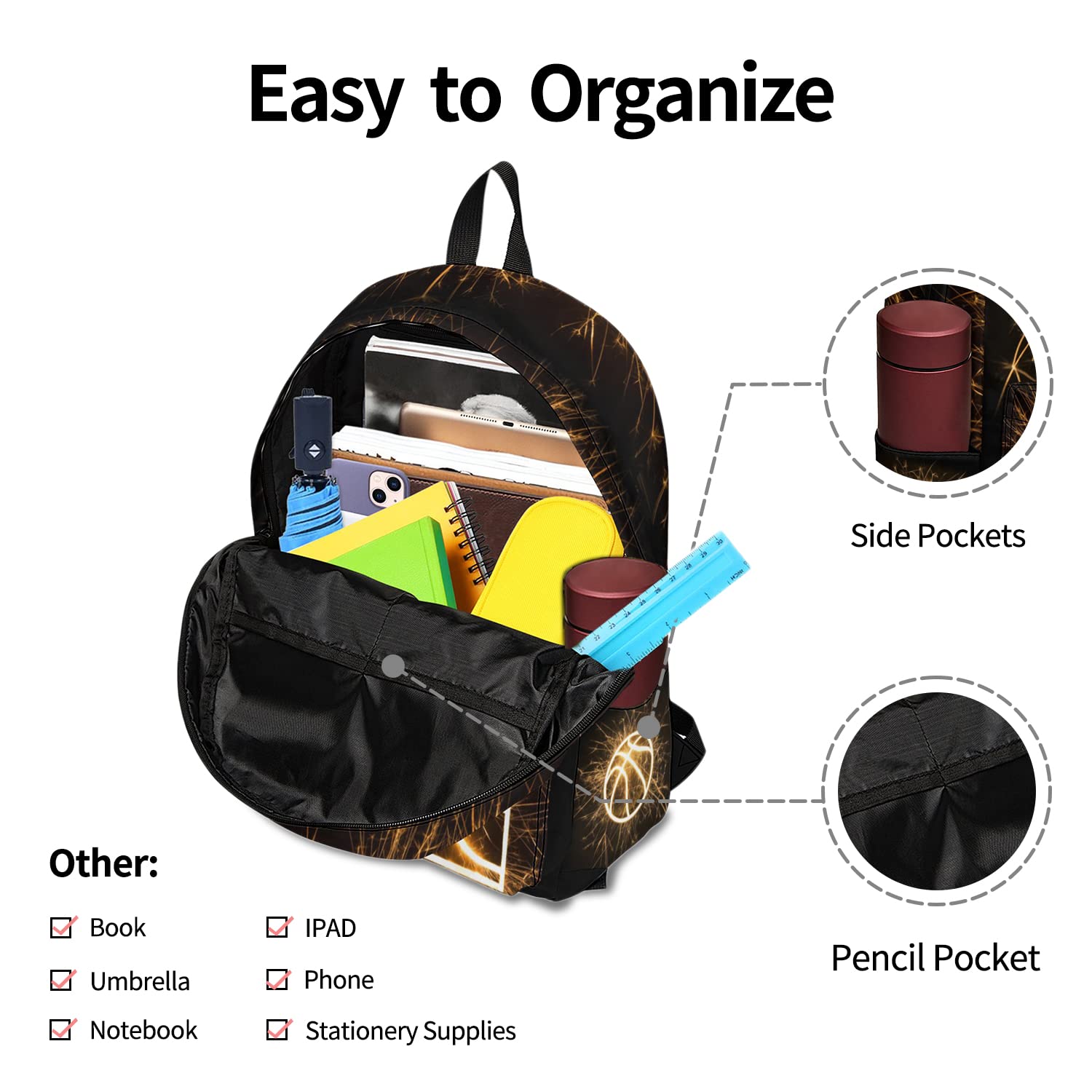 Gsobvpe Backpack for Boys & Girls, Lightweight 17 Inch Bookbag with Bottle Side Pockets for Picnic, Camping (BP-basketball)