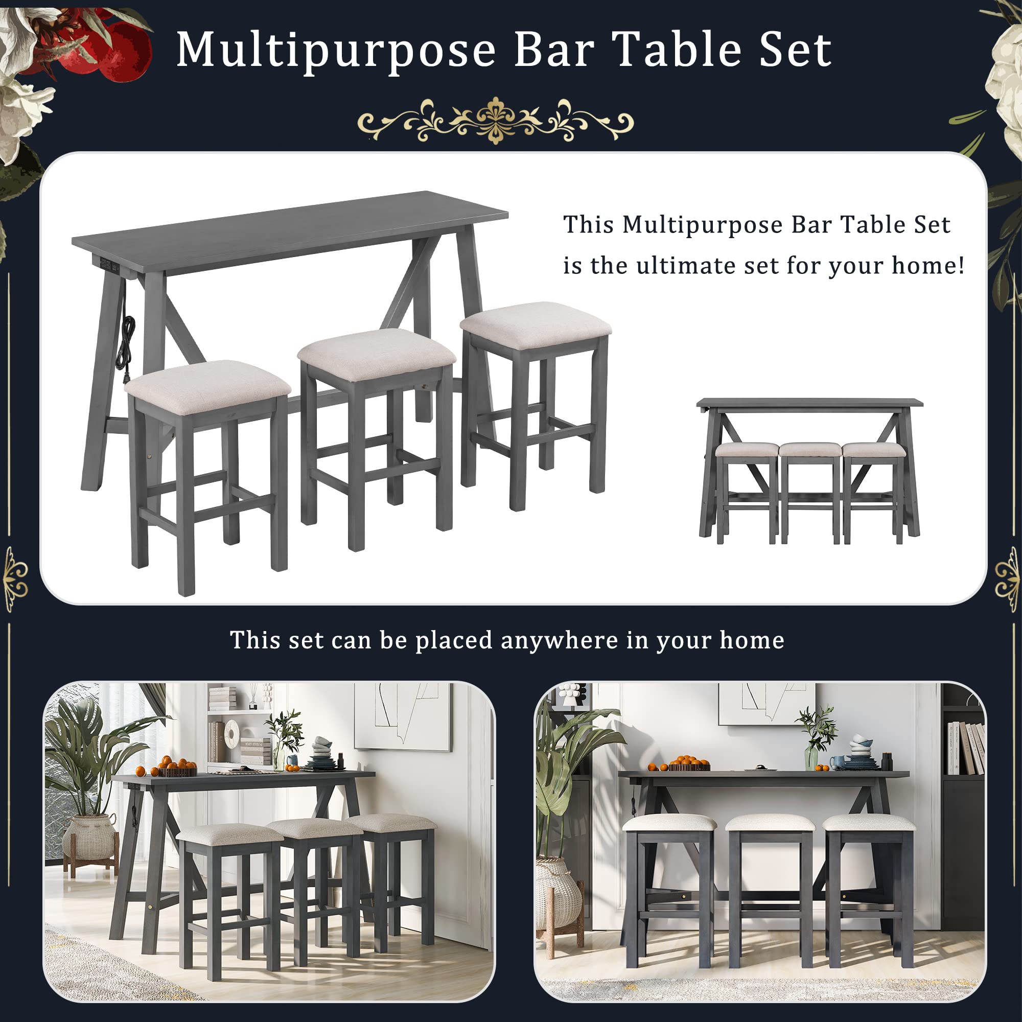 Goozio Multipurpose 4-Piece USB Port and 3 Upholstered Stools w/Footrest,Rustic Wooden Bar Chairs, Living Room, Restaurant, Small Space Dining Table Set,Gray, Onesize