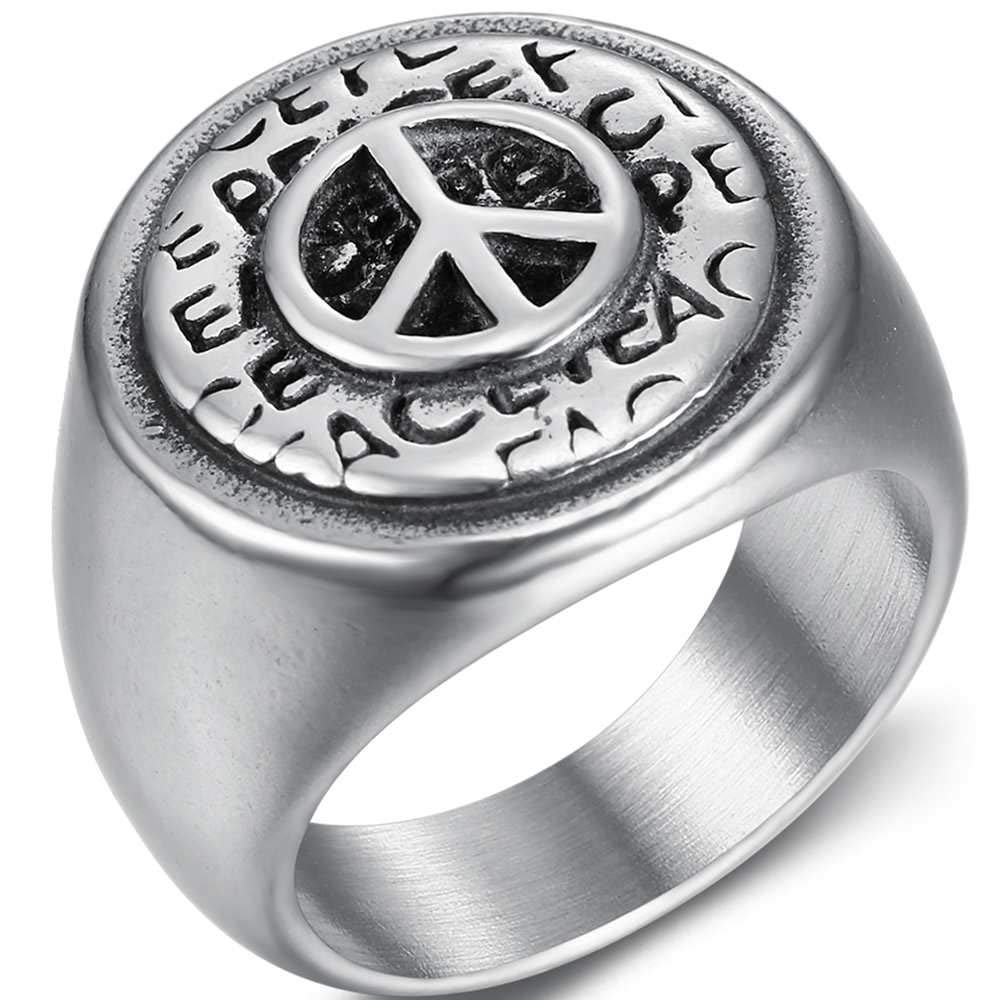 Jude Jewelers Retro Vintage Stainless Steel World Peace Sign Emblem Cocktail Party Biker Ring (Silver, 10)