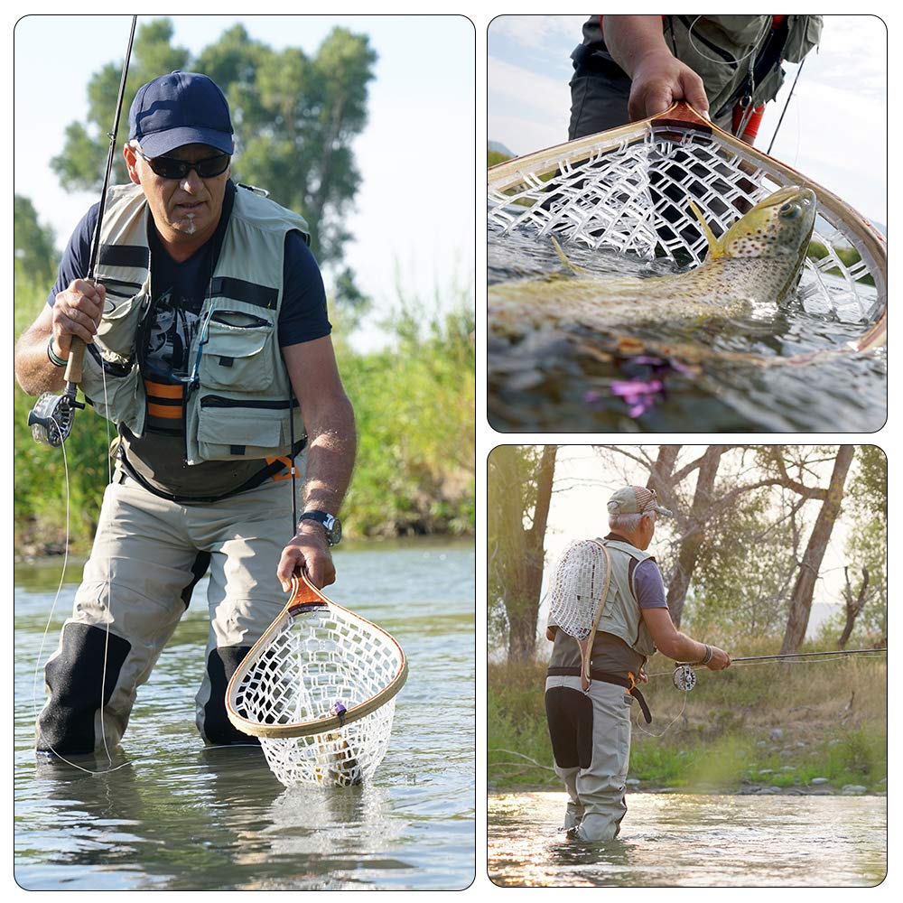 Goture Fly Fishing Landing Trout Net Catch and Release Net - Wooden Frame with Soft Rubber Mesh