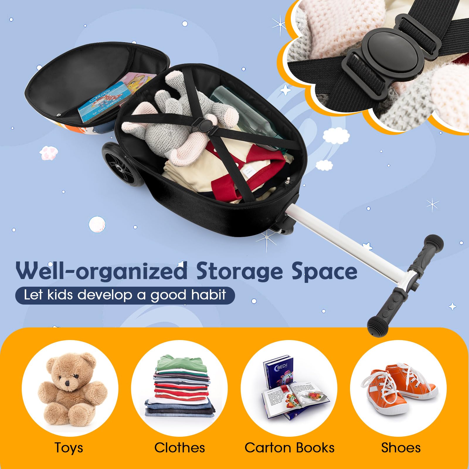 Goplus 2-in-1 Ride On Suitcase Scooter for Kids, 20ββ Carry on Luggage with LED Flashing Wheels, Waterproof Shell, Retractable Steering Handle, Lightweight Folding Scooter for Boys Girls (Dinosaur)