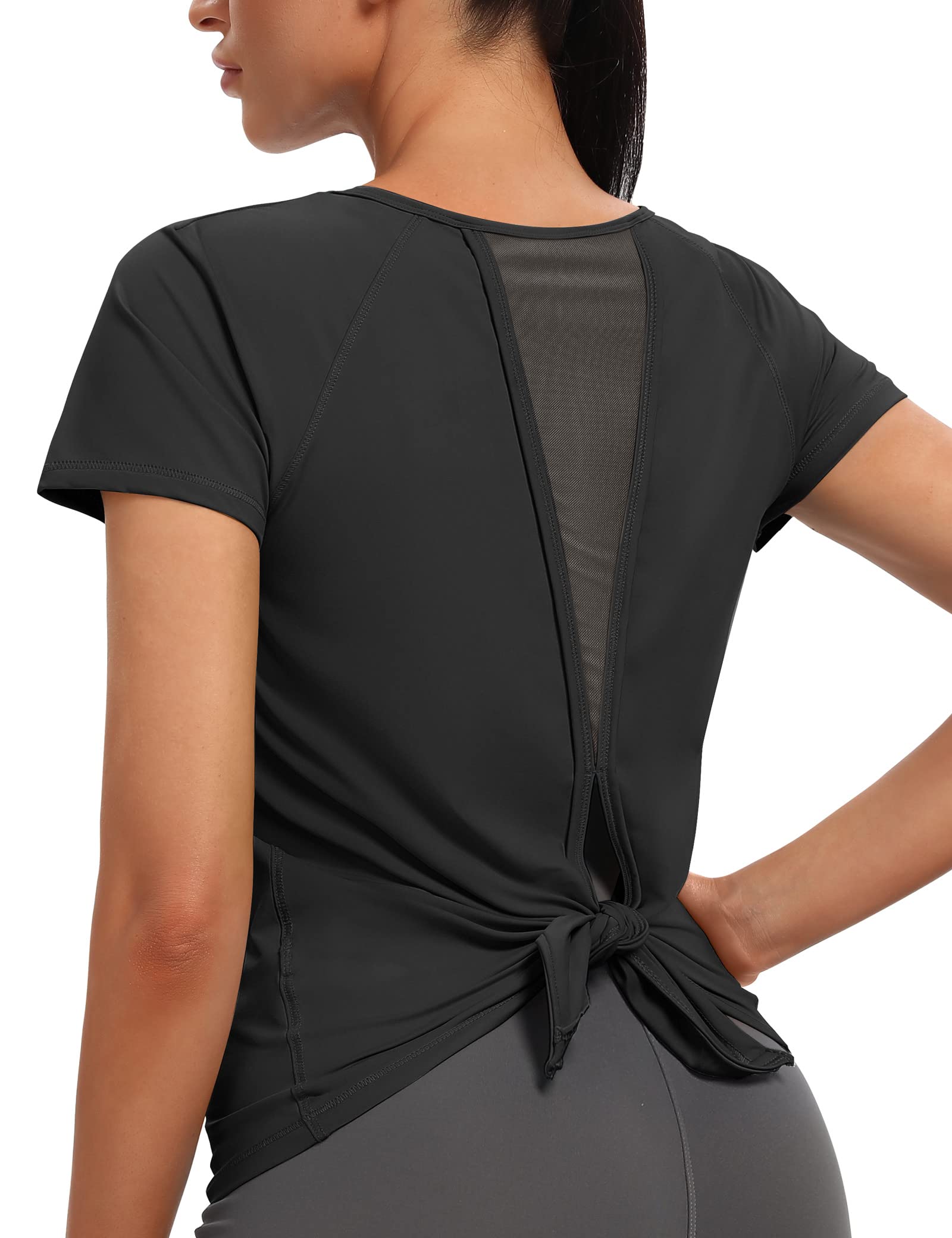 IUGA Open Back Workout Shirts for Women Summer Tops Short Sleeve Athletic Loose Fit Yoga Breathable Clothes Black