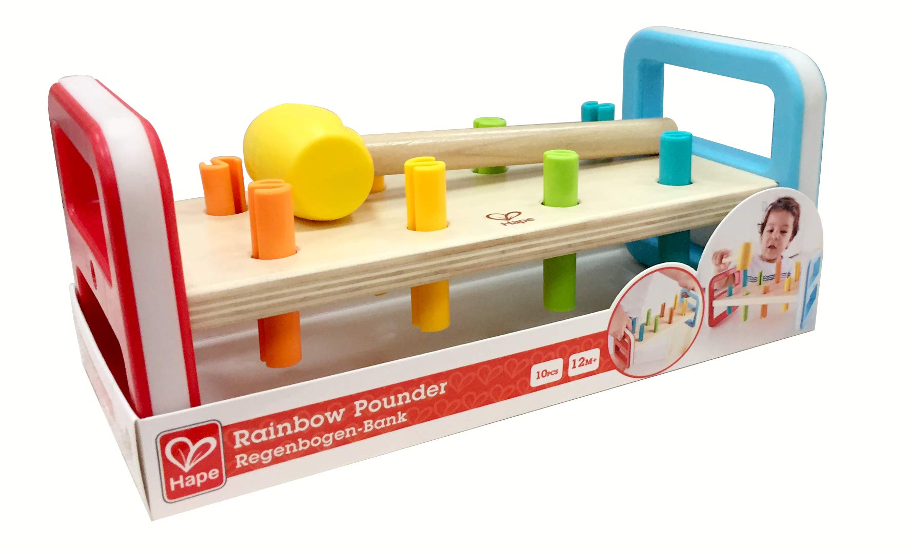 Hape Rainbow Pounder| Pounding Bench Wooden Toy with Hammer Blue, Red, Orange, Green, Yellow, Wood, L: 9.1, W: 4, H: 4.2 inch
