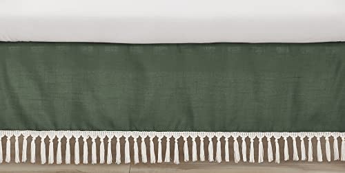Sweet Jojo Designs Dark Green Boho Boy Girl Gender Neutral Baby Crib Skirt Bed Dust Ruffle Bedskirt Straight Nursery Hunter Sage Modern Bohemian Farmhouse Southwest Shabby Chic Fringe Diamond Tuft