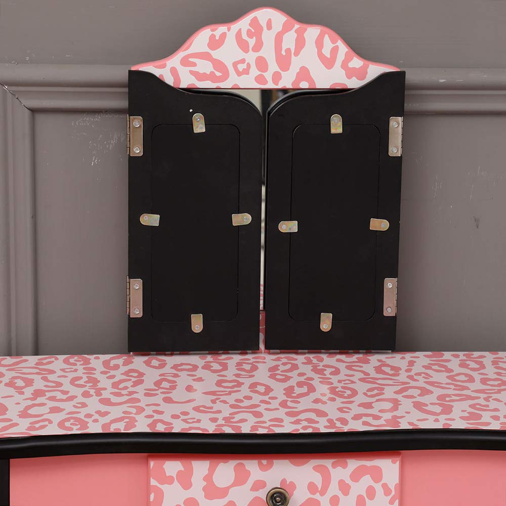 Guangshuohui Vanity Set with Mirror and Stool for Girls, Makeup Dressing Table with Drawer, Make Up Vanity Desk Princess Vanity Table for Girls (Red Leopard Print)