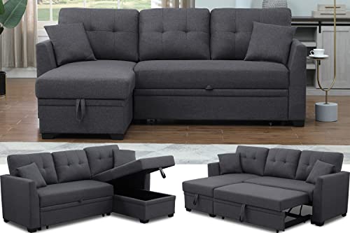 Payeel Sectional Sofa with Pull-Out Bed and Storage Chaise Lounge 81.5" Reversible Furniture Contemporary L-Shaped Fabric Sleeper Sofa for Living Room (Dark Gray)