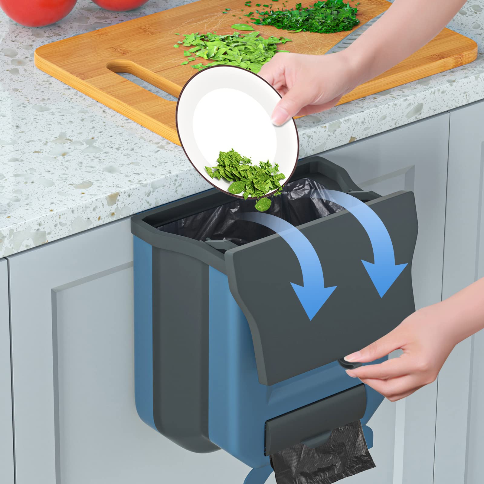 Hanging Trash Can with Lid for Kitchen RV Cabinet Door, 2.4 Gallon Foldable Wall Mounted Trash Can with Trash Bag Drawer, Folding Garbage Countertop Waste Bin