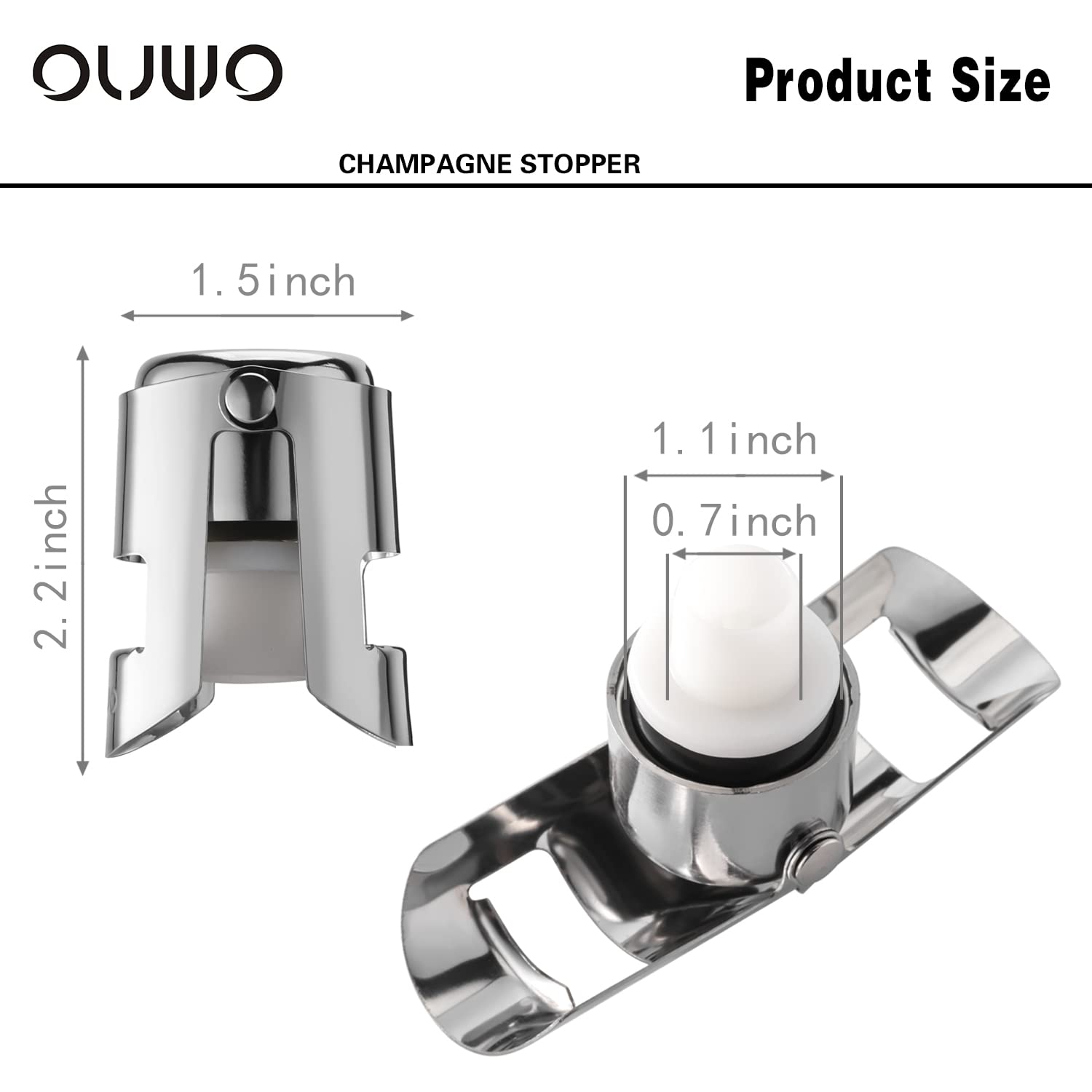 OUWO Champagne Stopper 6 Pack Stainless Steel Champagne Save with Food Grade Silicone,Leak-Proof Bubble Retaining Saver,Suitable for Champagne Prosecco Cava and Sparkling (Silver)